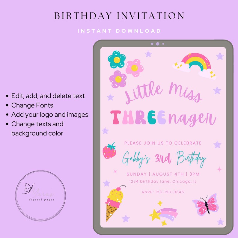 Little Miss Threenager - in My Threenager Era - 3rd Birthday Invite ...
