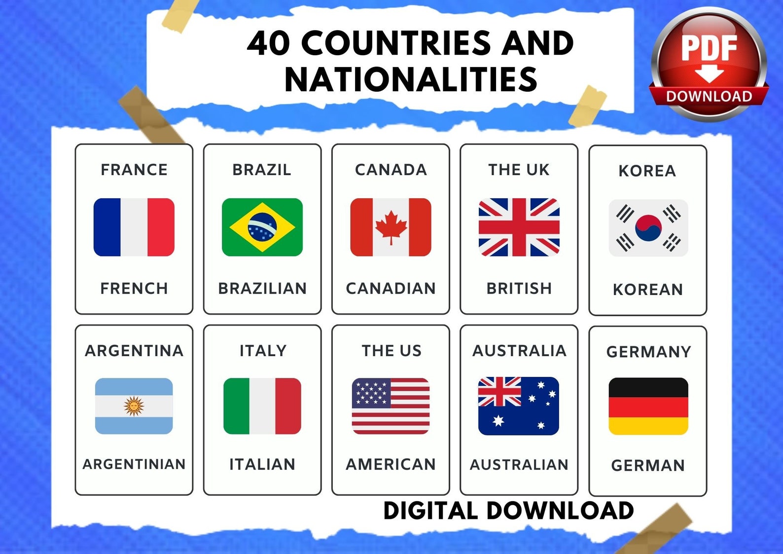 40 Countries and Nationalities Flashcards , Matching Game, Matching ...