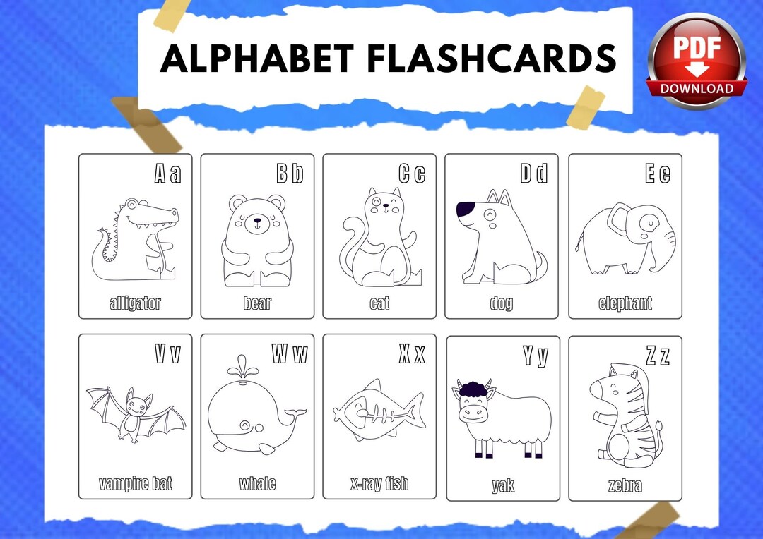 Animals Alphabet A to Z Coloring Flashcards ABC Printable - Etsy