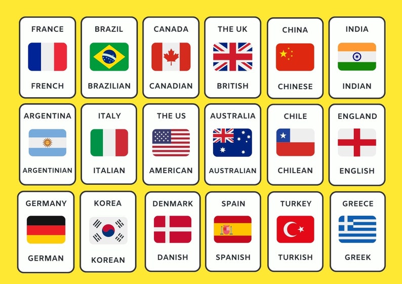 40 Countries and Nationalities Flashcards , Matching Game, Matching ...