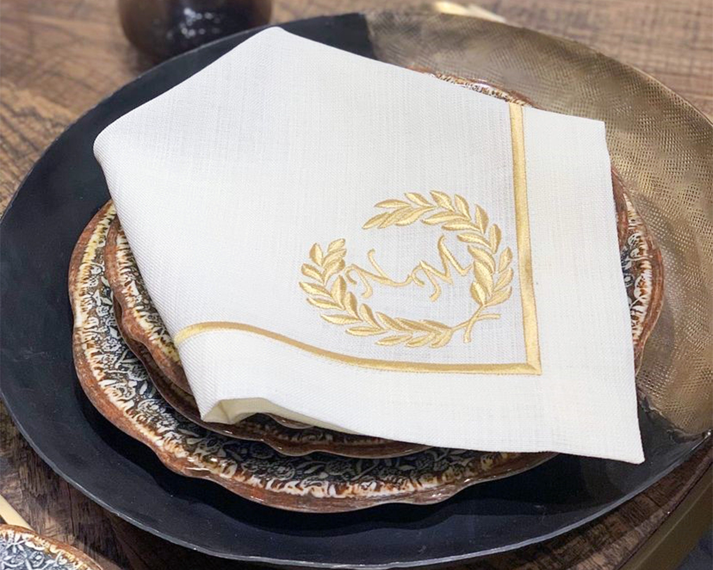 Personalized Embroidered Elegant Table Linen; Olive Wreath & Initials ...