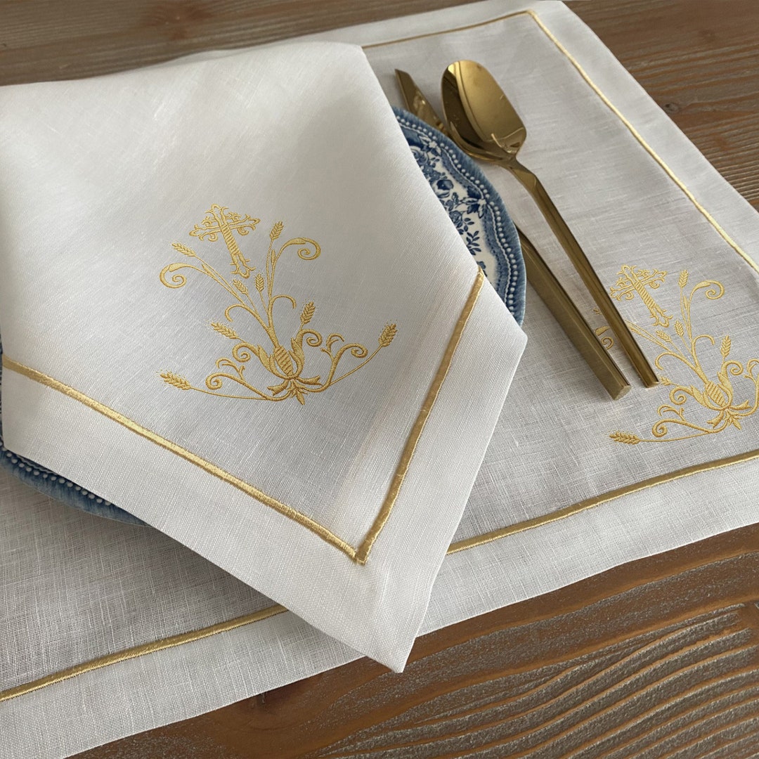Cross With Wheat Ornament Embroidered White 100% Linen Napkins ...