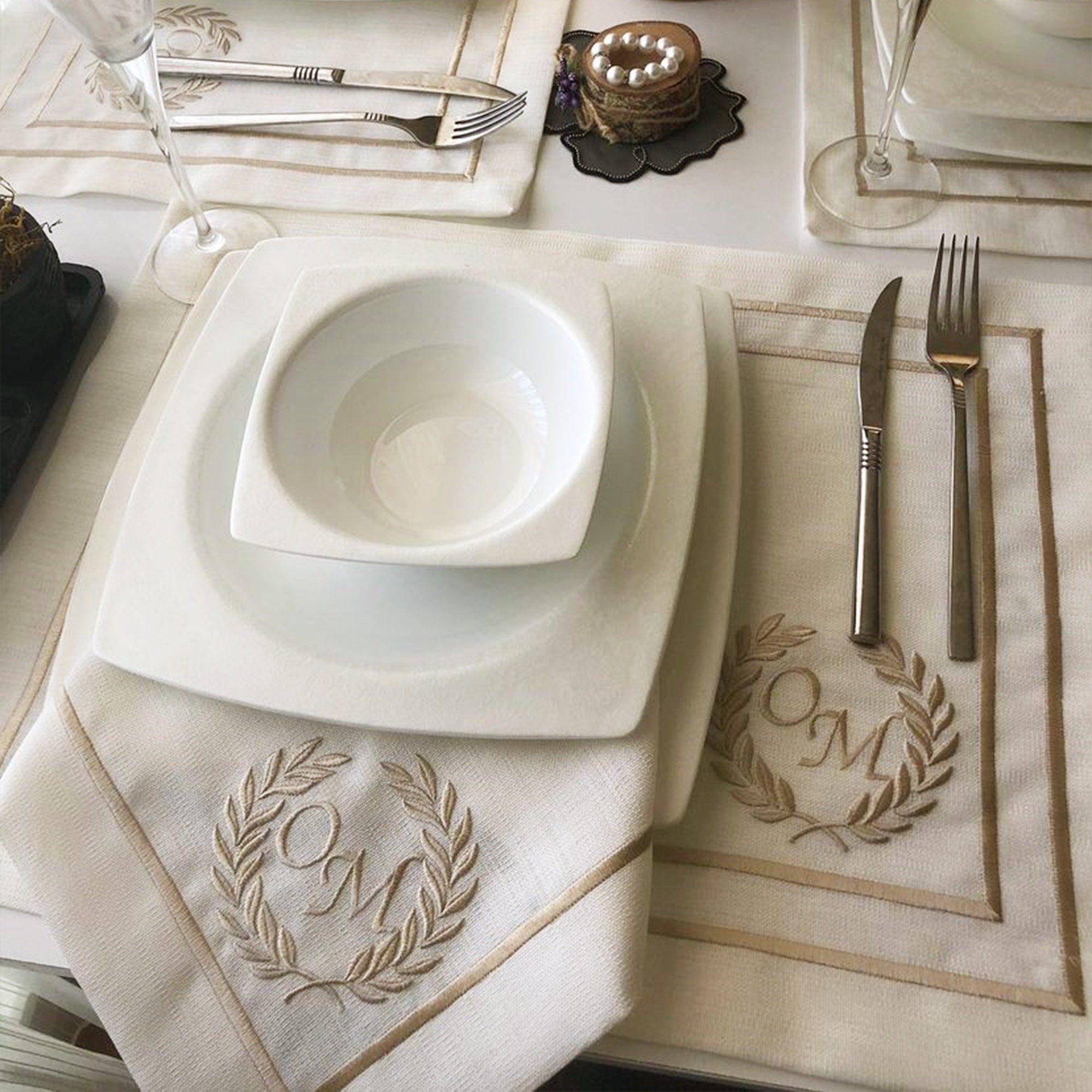 Personalized Embroidered Elegant Table Linen; Olive Wreath & Initials ...