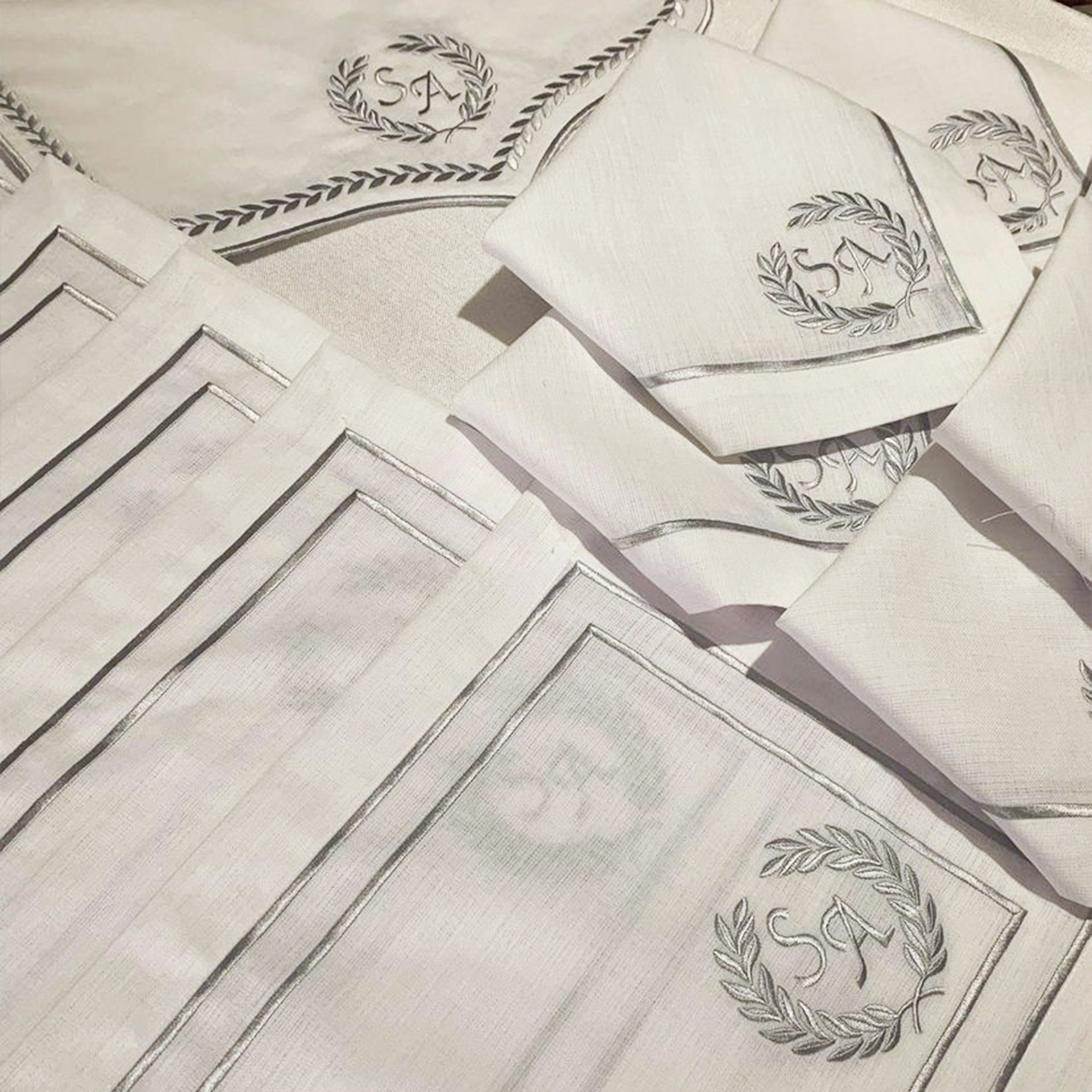 Personalized Embroidered Elegant Table Linen; Olive Wreath & Initials ...