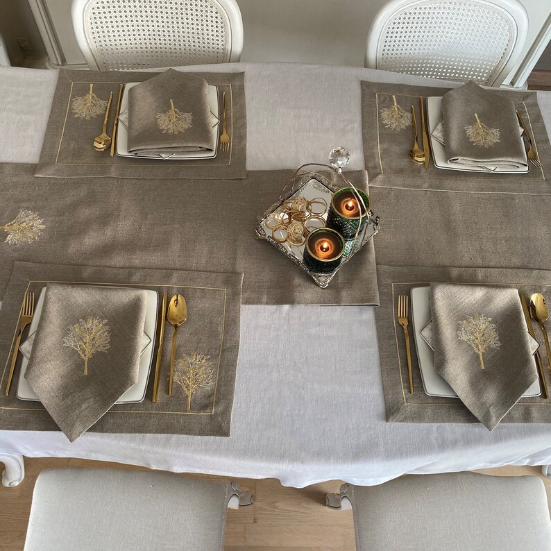 Natural Table Linen Set With Elegant Tree Pattern Embroidery Tree ...