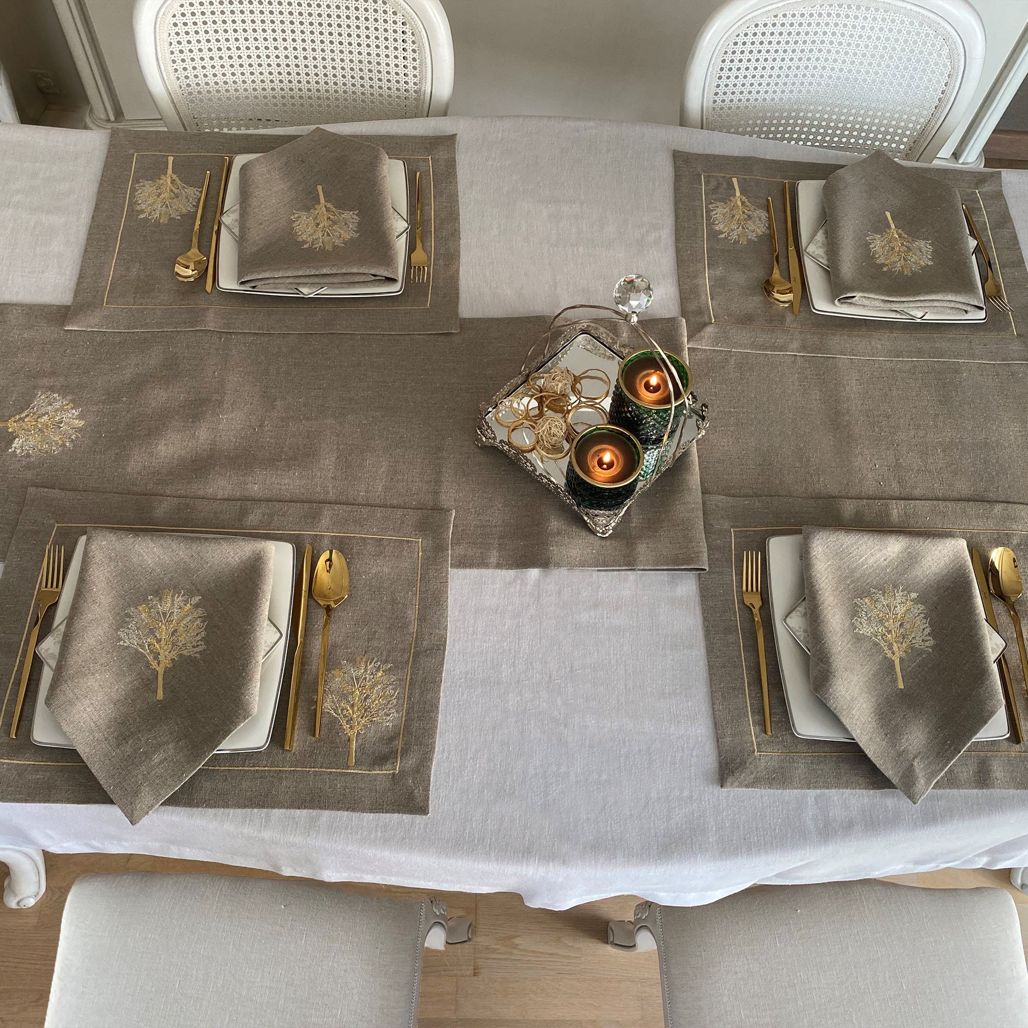 Natural Table Linen Set With Elegant Tree Pattern Embroidery Tree ...
