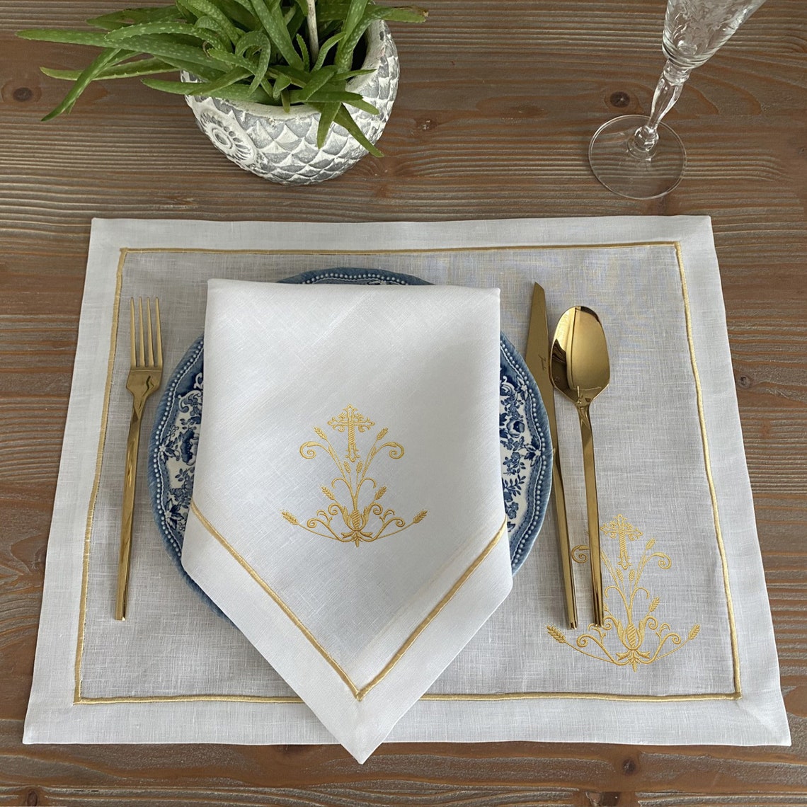 Cross With Wheat Ornament Embroidered White 100% Linen Napkins ...