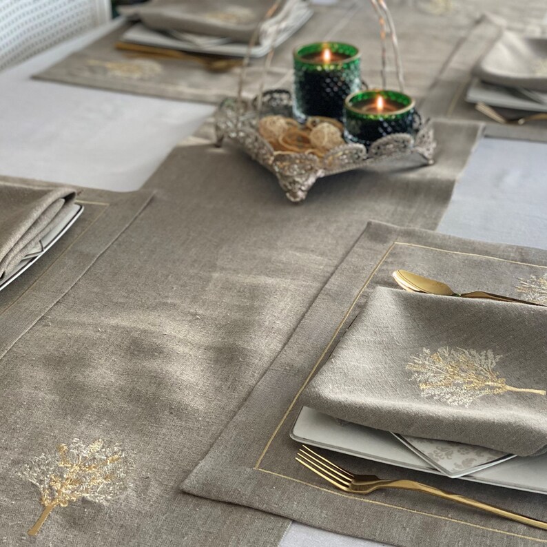 Natural Table Linen Set With Elegant Tree Pattern Embroidery Tree ...