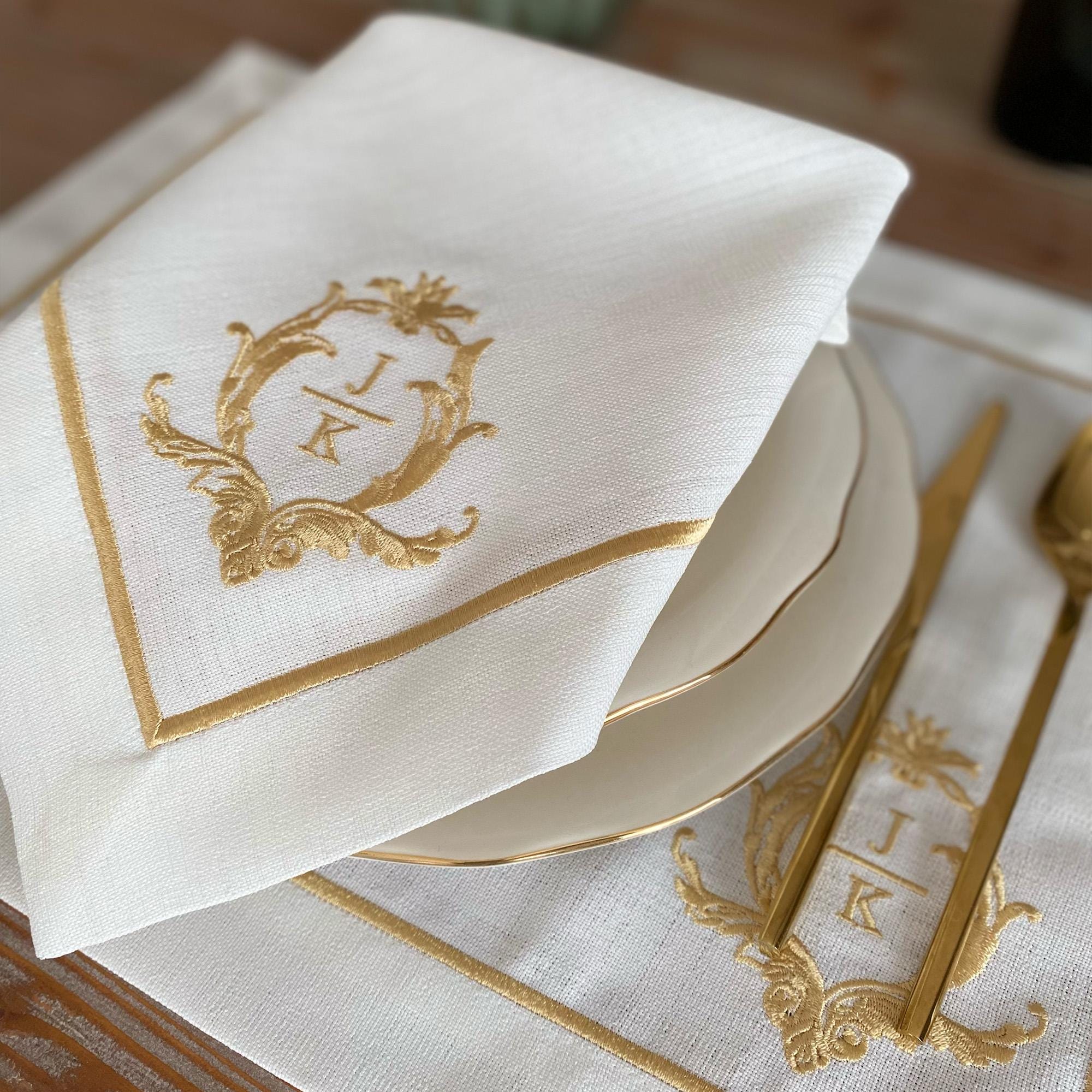 Custom Monogram With Crest Table Set; Gold Embroidered Napkins ...