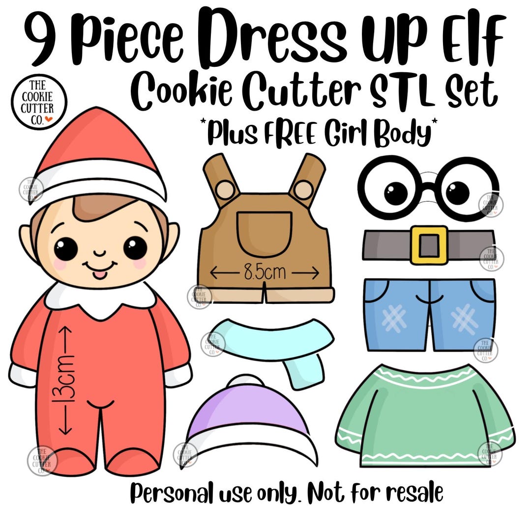 9 Piece Dress up Elf Cookie Cutter STL Set - Etsy Australia