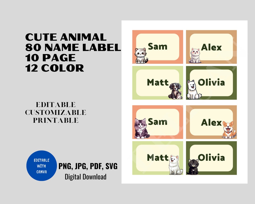 Cute Animal School Supply Labels, Editable Name Tag (digital Download ...