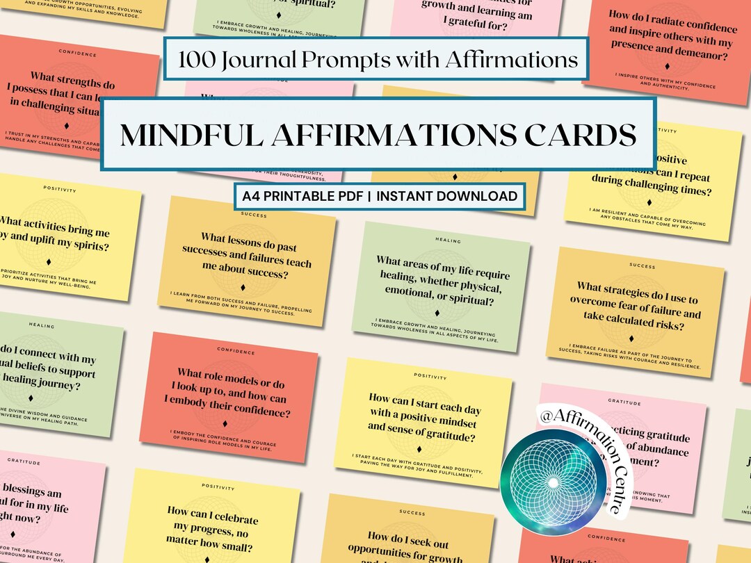 100 Journal Prompt Cards - Printable Reflection Cards - Mindful ...