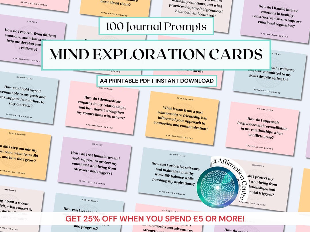 100 Journaling Cards Printable Journal Prompts Reflection Cards Anxiety ...