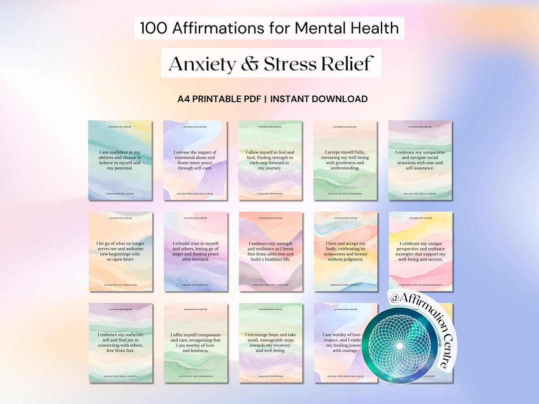 100 Digital Affirmation Cards Printable Anxiety and Stress Relief ...