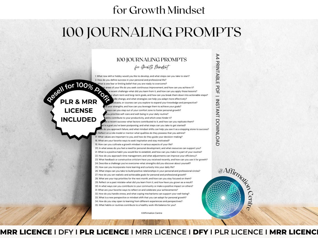 PLR MRR 100 Growth Mindset Journal Prompts Canva Editable, Mindfulness ...