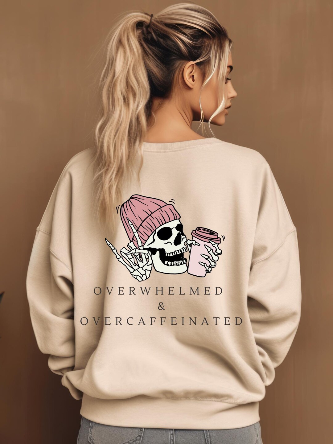 Overwhelmed and Overcaffeinated Halloween Mom Sweater, Oversized Beige ...