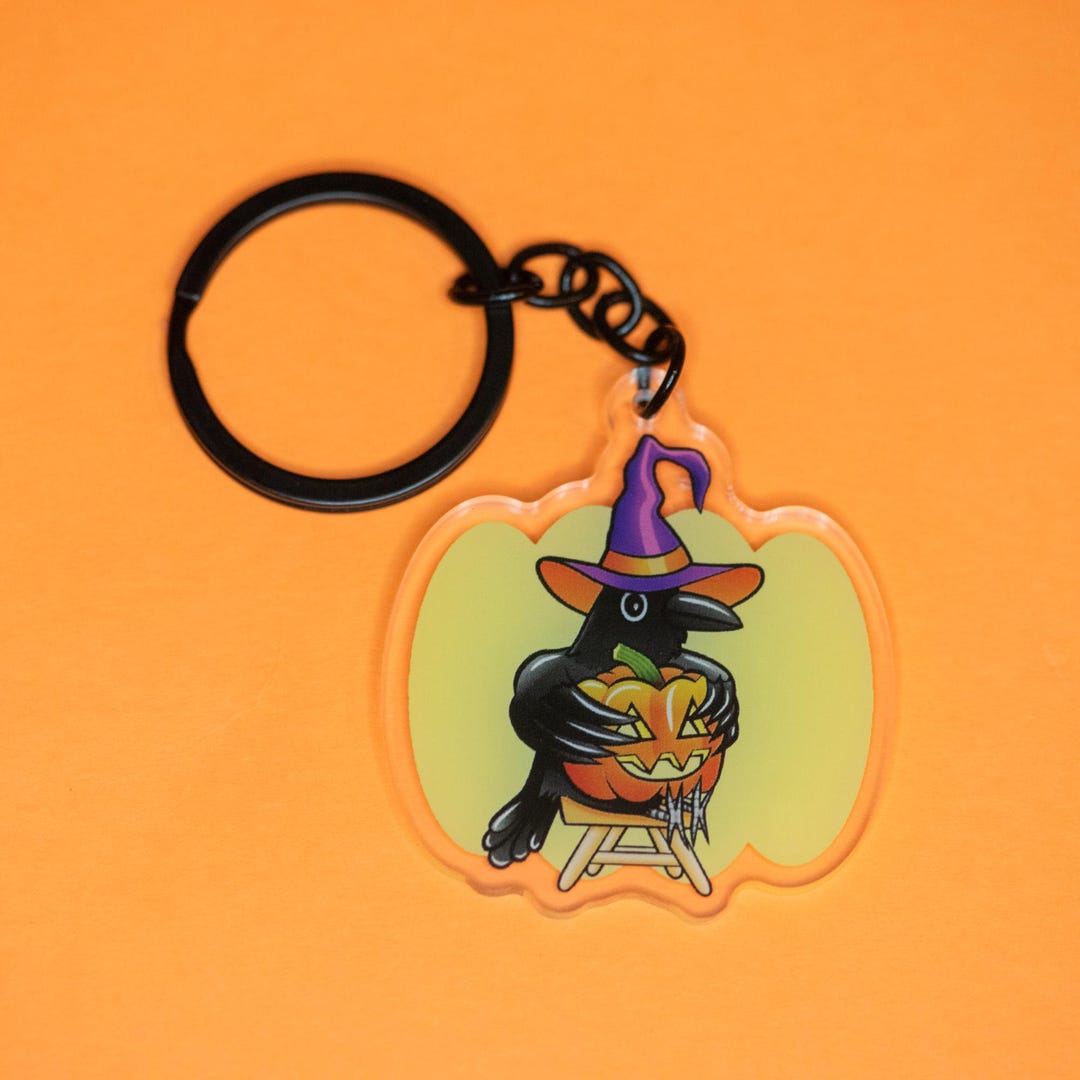 Corgan the Witchy Raven Keychain With Spooky Halloween Pumpkin - Etsy