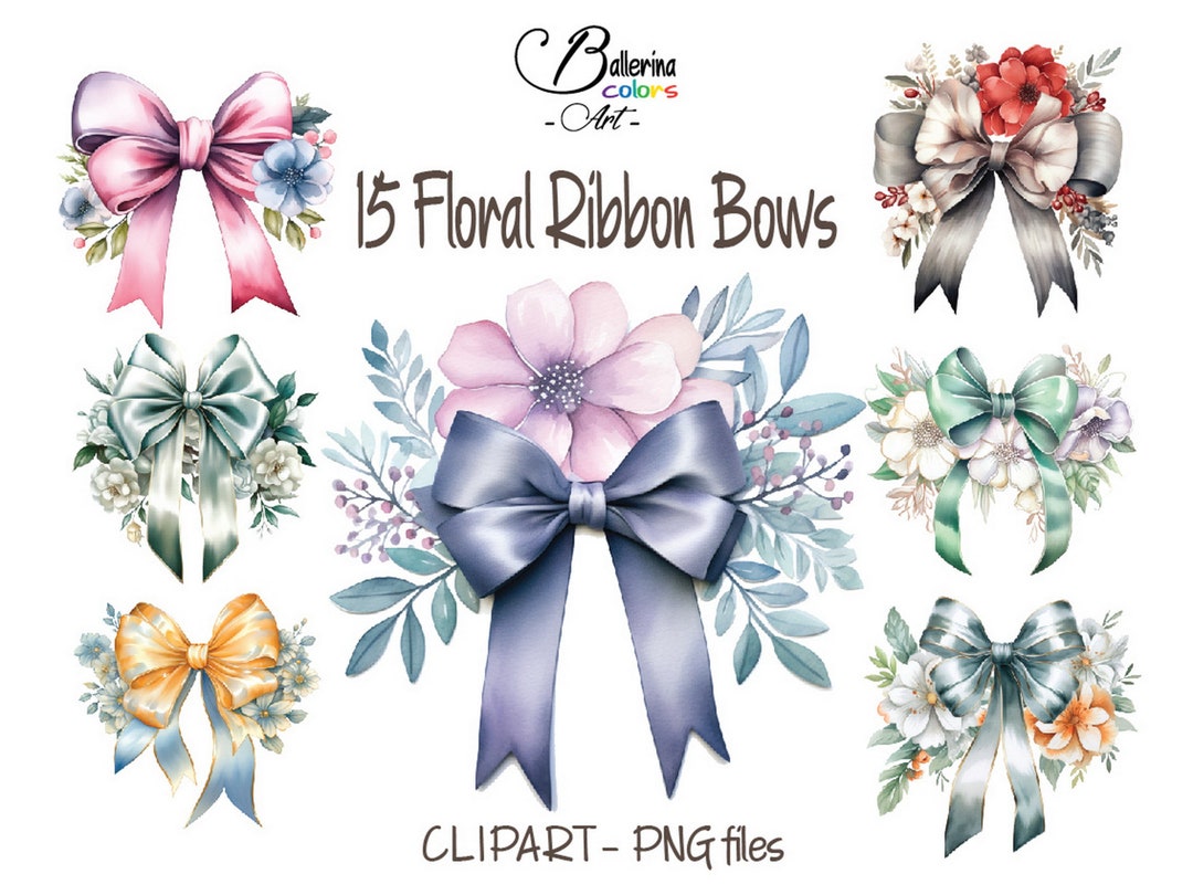 15 Ribbon Bows Bundle Clipart, Baby Shower Clipart, Watercolor Bow Png ...