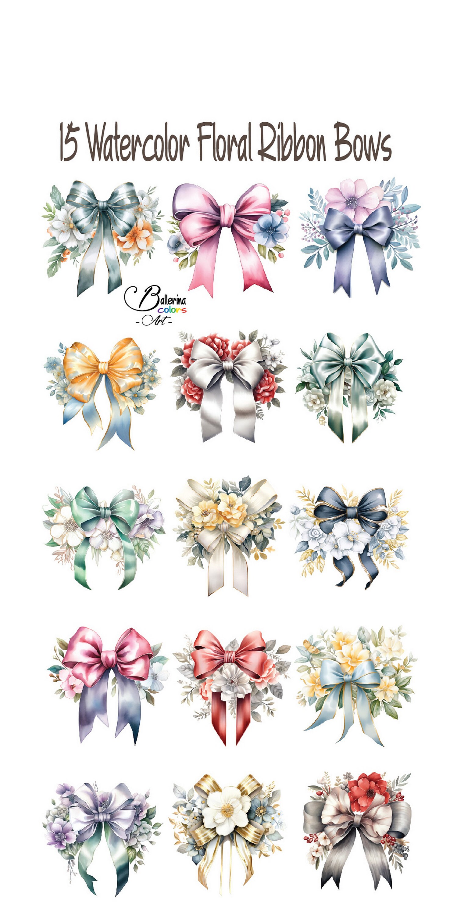 15 Ribbon Bows Bundle Clipart Baby Shower Clipart Watercolor - Etsy