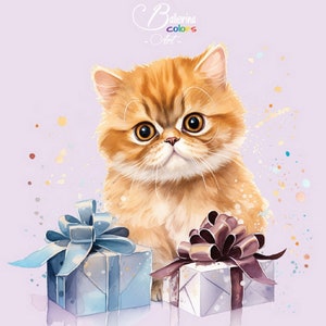 15 Cute Cats Clipart, Cat With Presents, Christmas Cat, Cat Gift ...