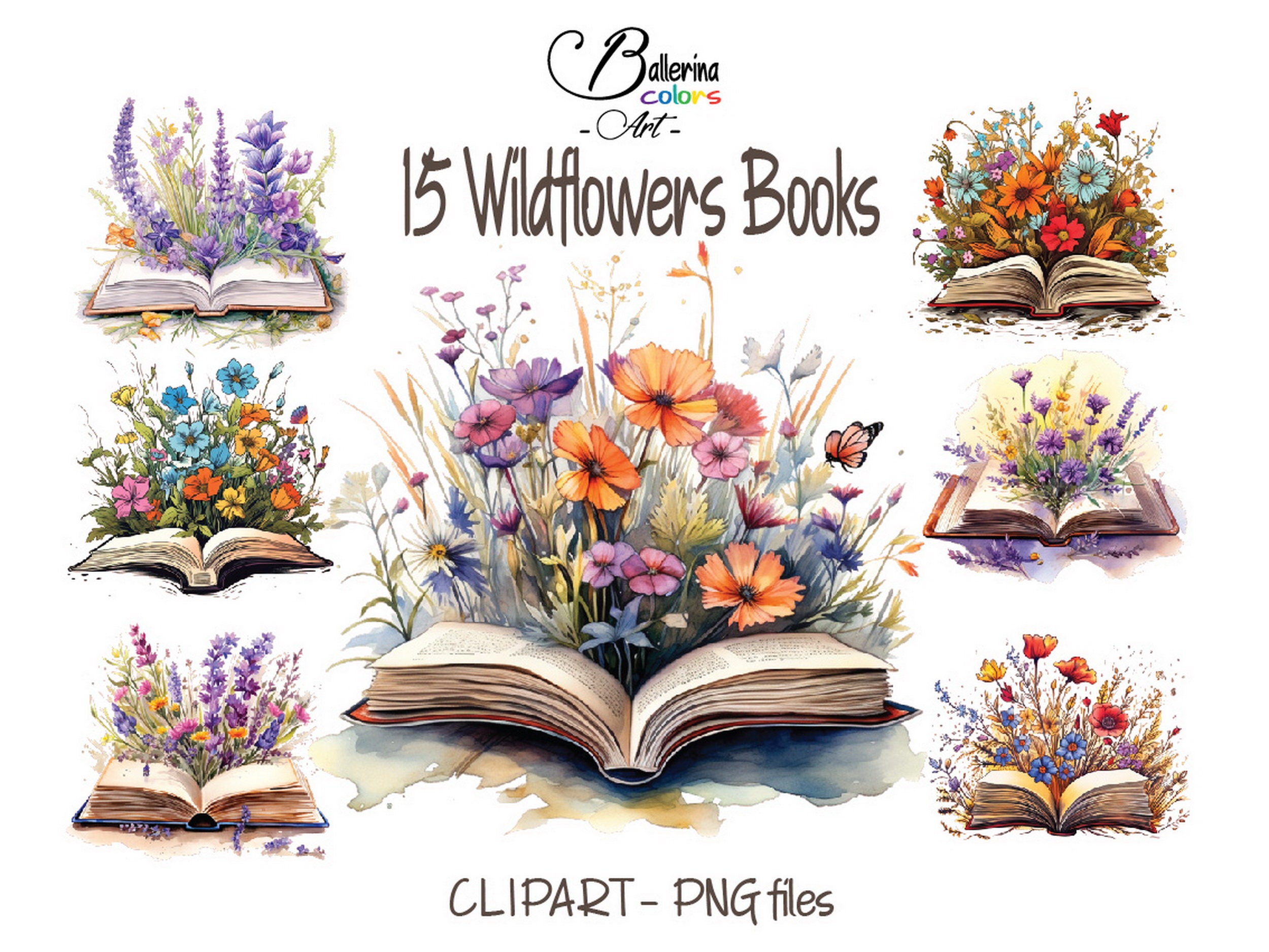 15 Wildflowers Emerging From a Open Book Clipart, Boho Png, Wildflowers ...