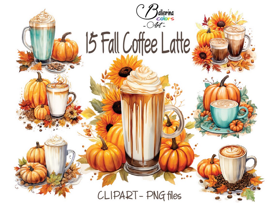 15 Bundle Fall Coffee Clipart, Iced Coffee Clipart, Thanksgiving ...
