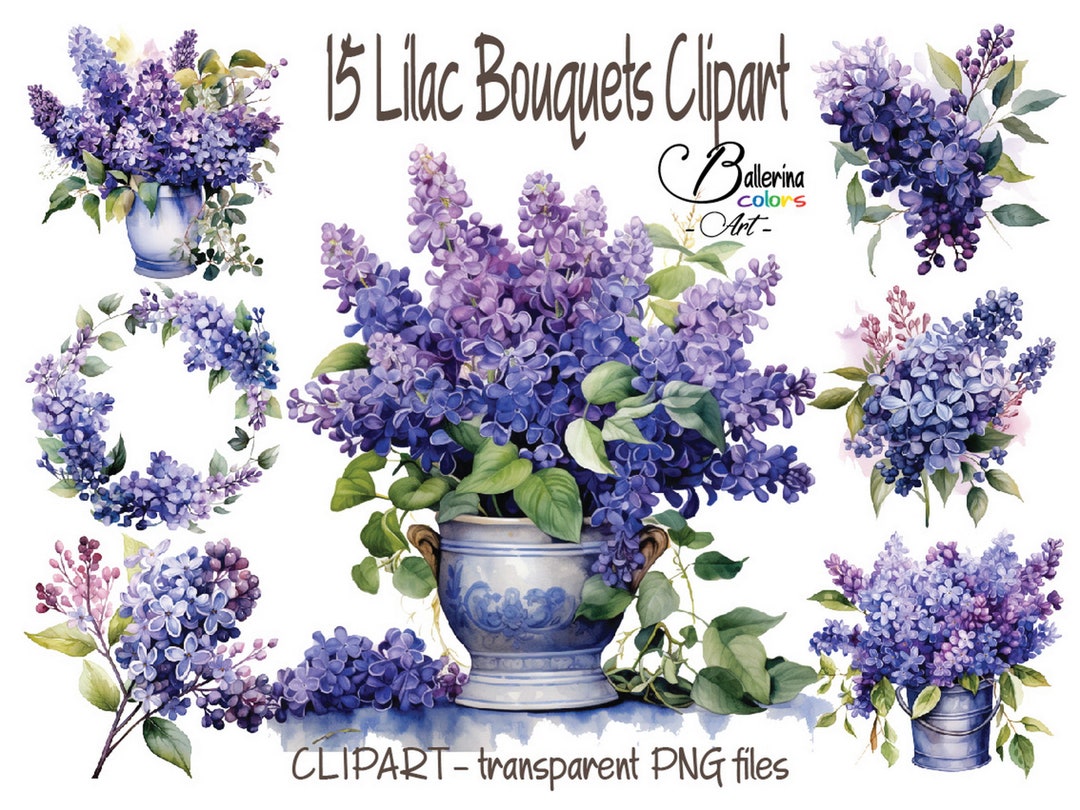 15 Purple Flower Bouquets, Purple Lilac Flowers Clipart, Jurnaling ...