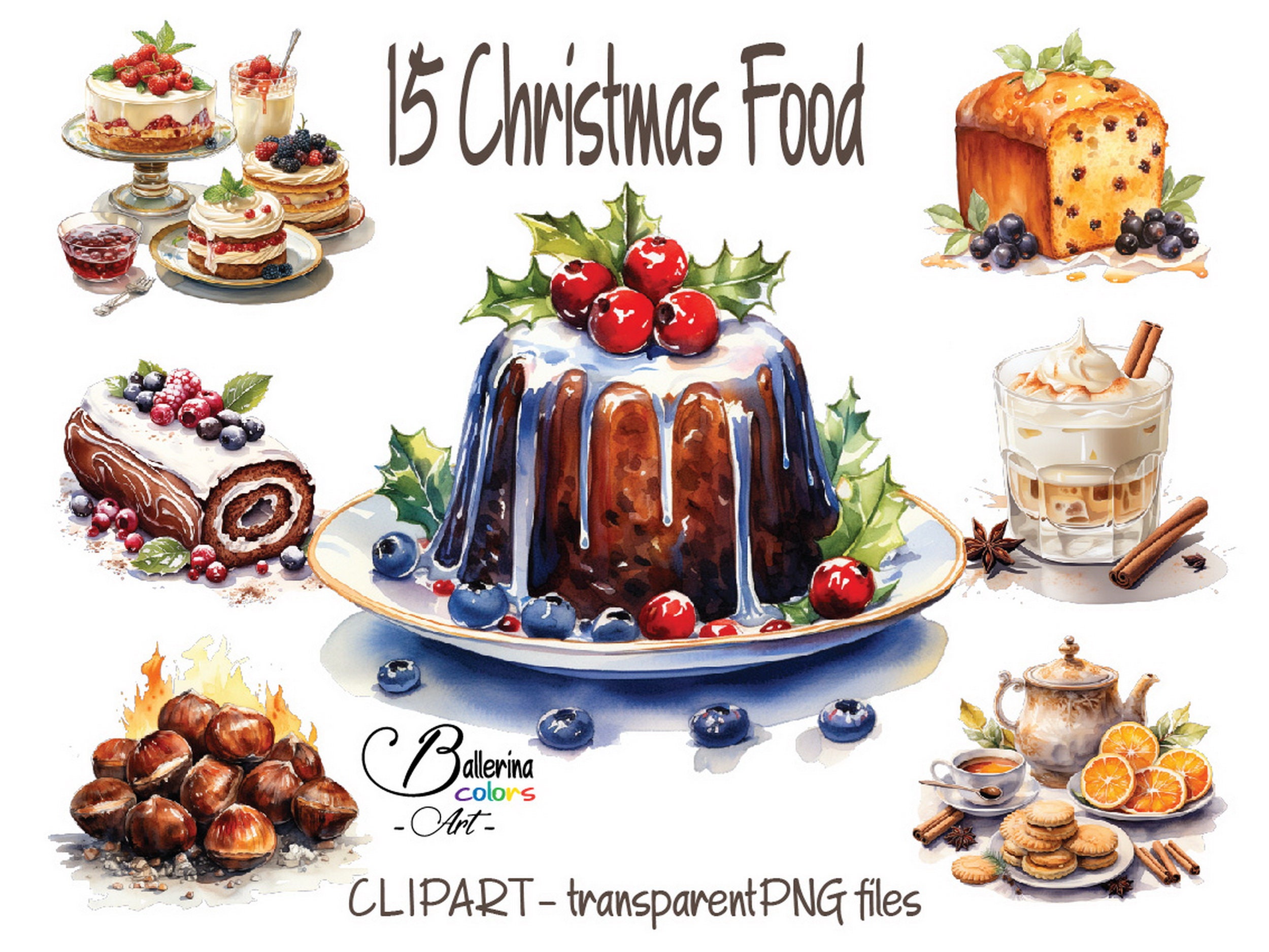 15 Christmas Desserts Png, Watercolor Christmas Food, Winter Clipart ...