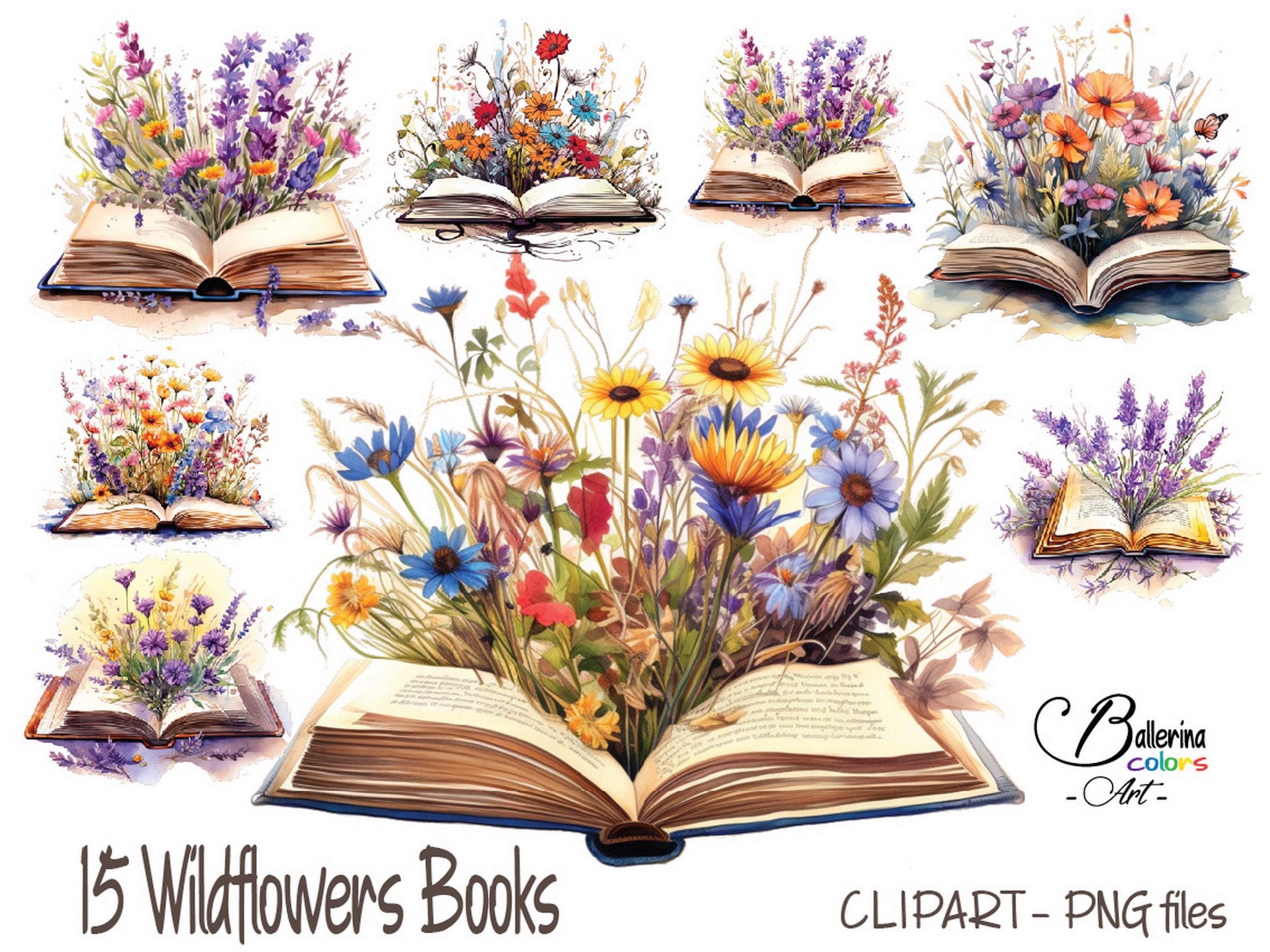 15 Wildflowers Emerging From a Open Book Clipart, Boho Png, Wildflowers ...