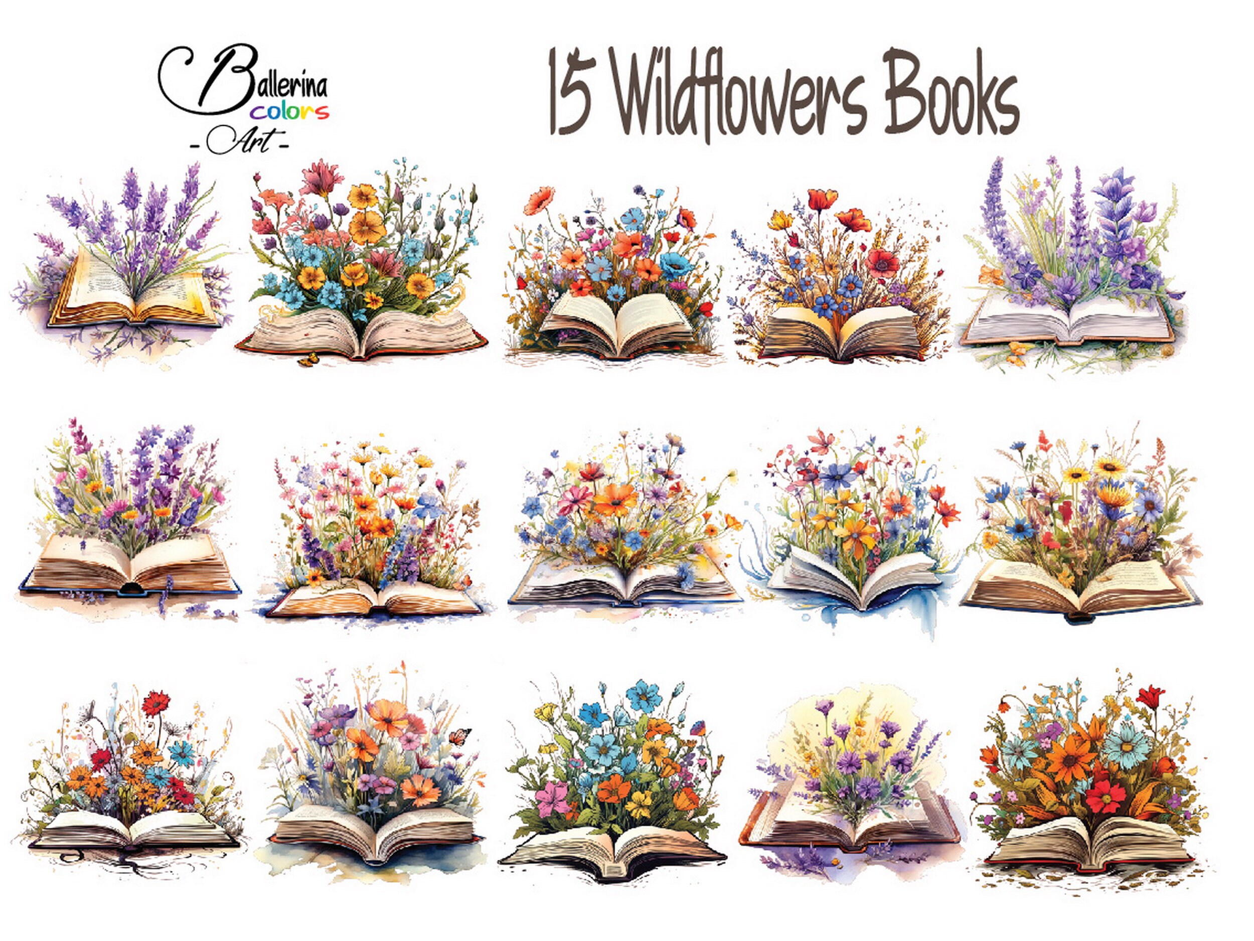 15 Wildflowers Emerging From a Open Book Clipart, Boho Png, Wildflowers ...