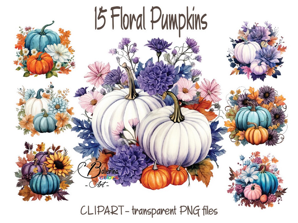 15 Pumpkins Clipart, Blue Pumpkin Png, Floral Pumpkins Png, Fall ...