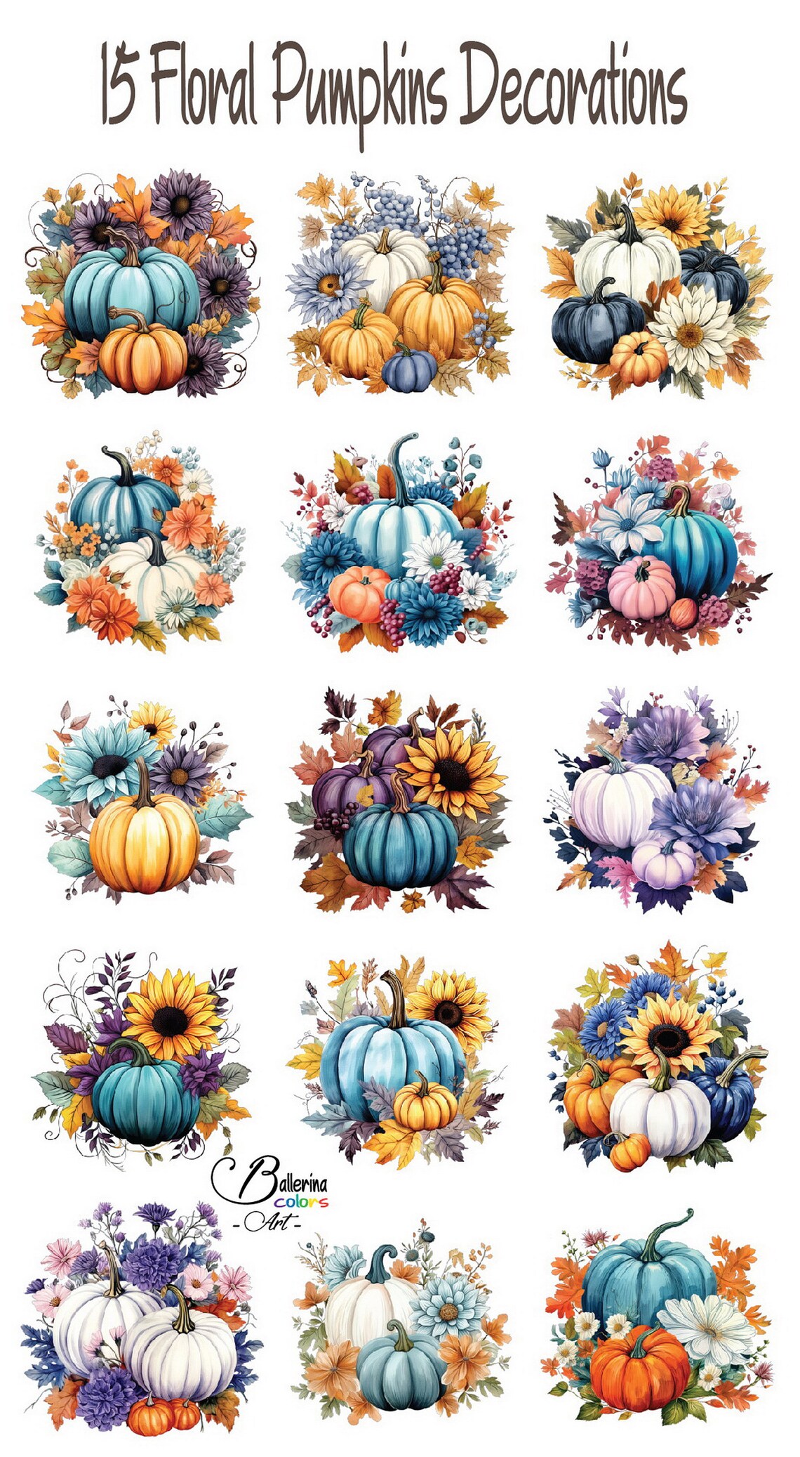 15 Pumpkins Clipart, Blue Pumpkin Png, Floral Pumpkins Png, Fall ...