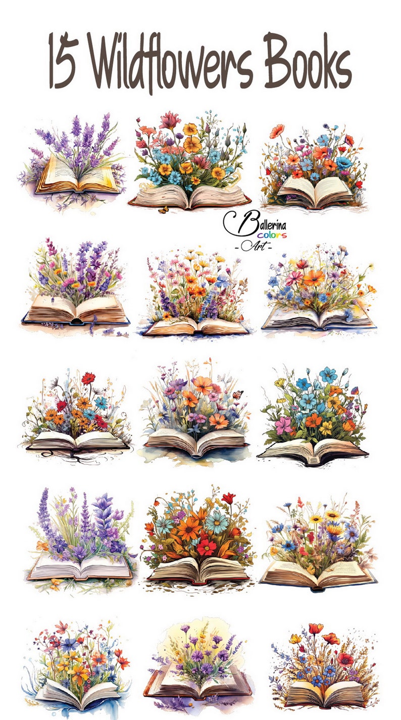 15 Wildflowers Emerging From a Open Book Clipart, Boho Png, Wildflowers ...