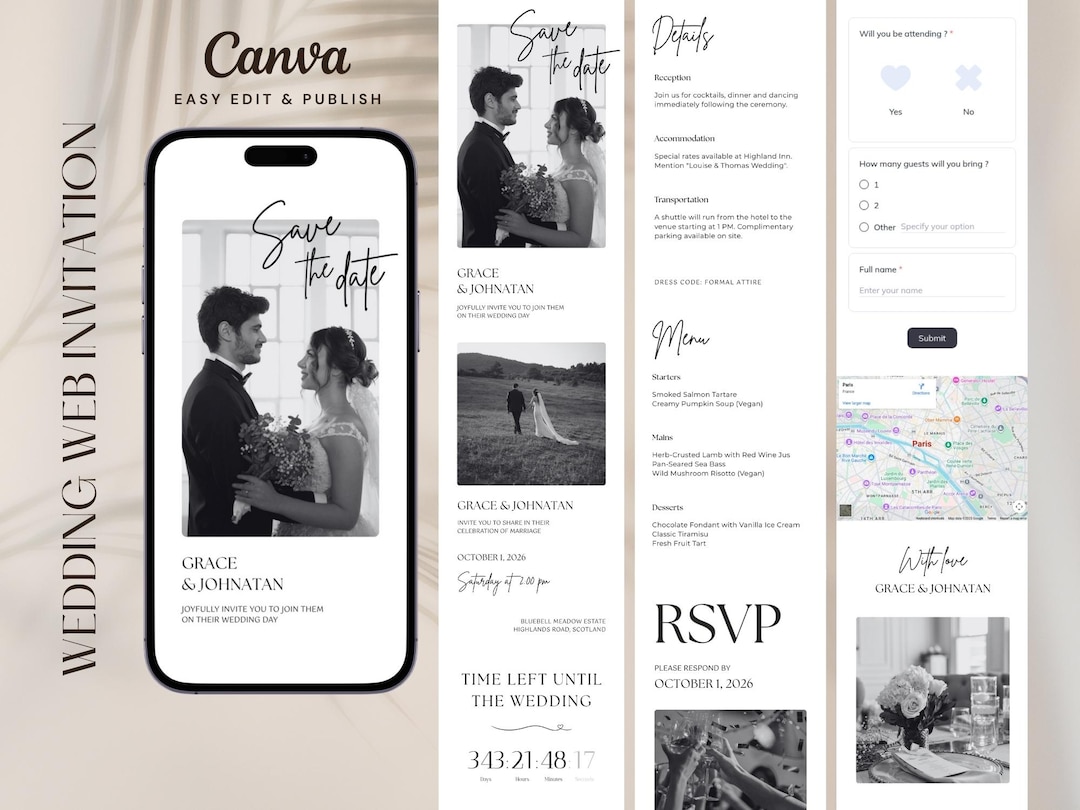 Modern Wedding Mobile Website Invitation: RSVP Form, Interactive Map ...