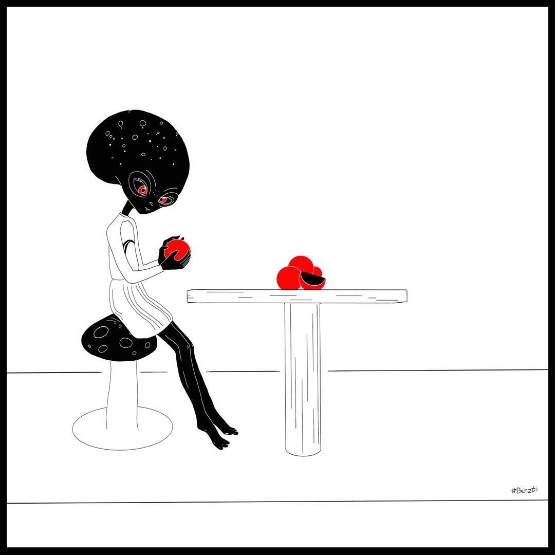 ALIEN Sitting on MUSHROOM Illustration, She Looking at the FRUIT She ...