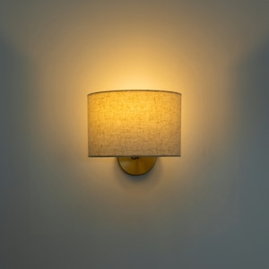 Linen Lampshade Wall Sconces, Ambient Lighting, Small Wall Lamp, Brass Sconce for Bedroom or ...