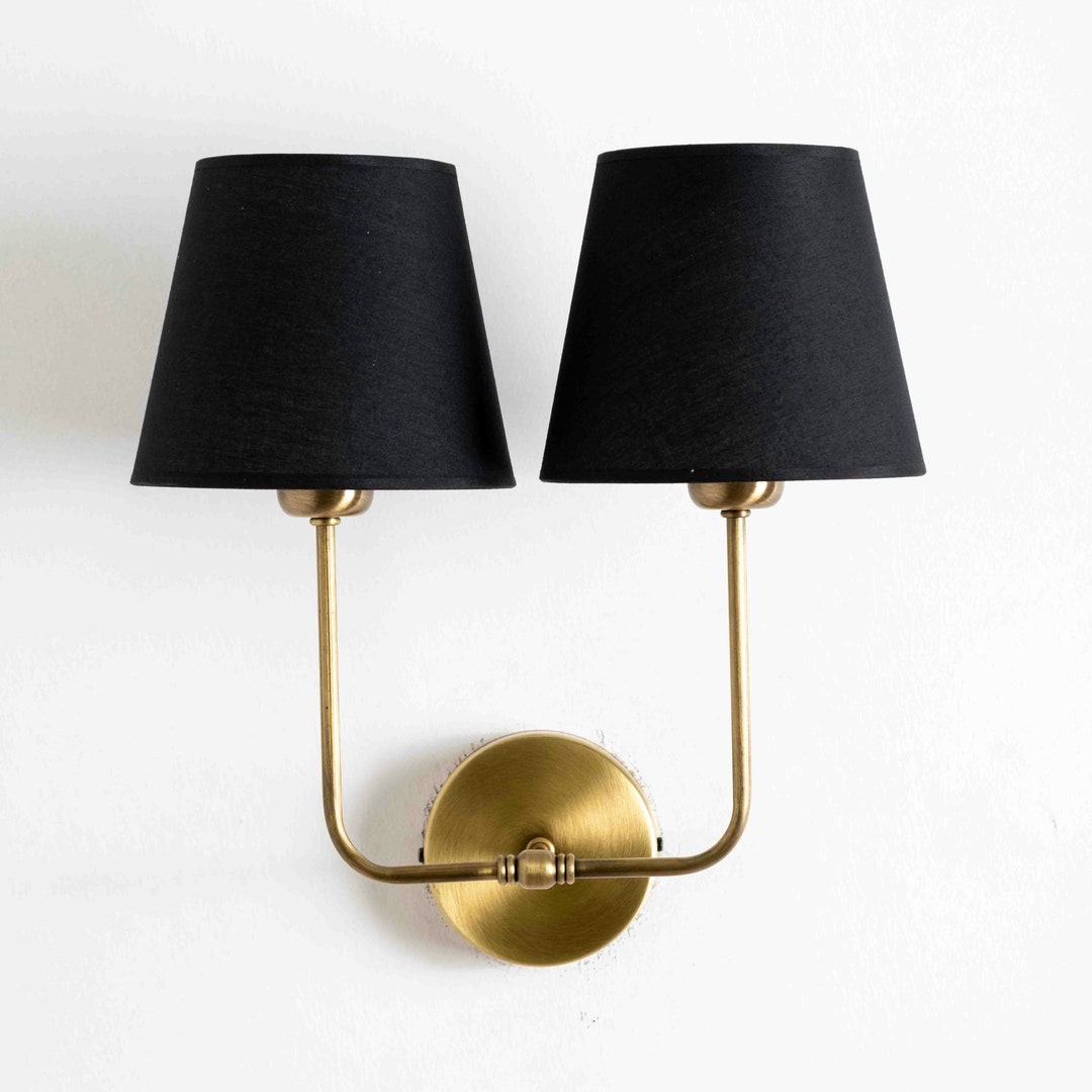 Dual Lampshade Wall Sconce, Vintage Wall Light Fixture, Brass Bedside ...