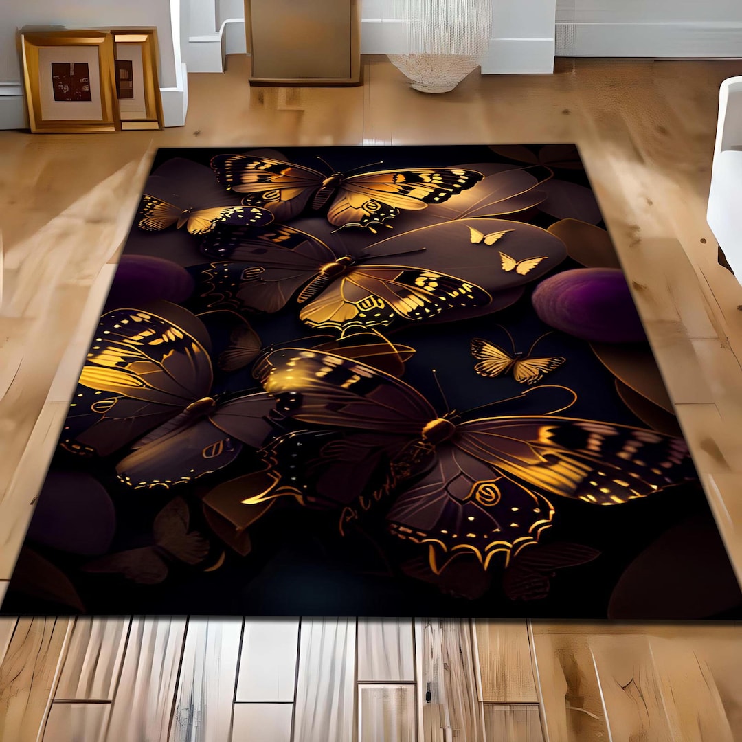 Elegant Golden Butterfly Area Rug, Dark Luxury Living Room Rug, Large ...
