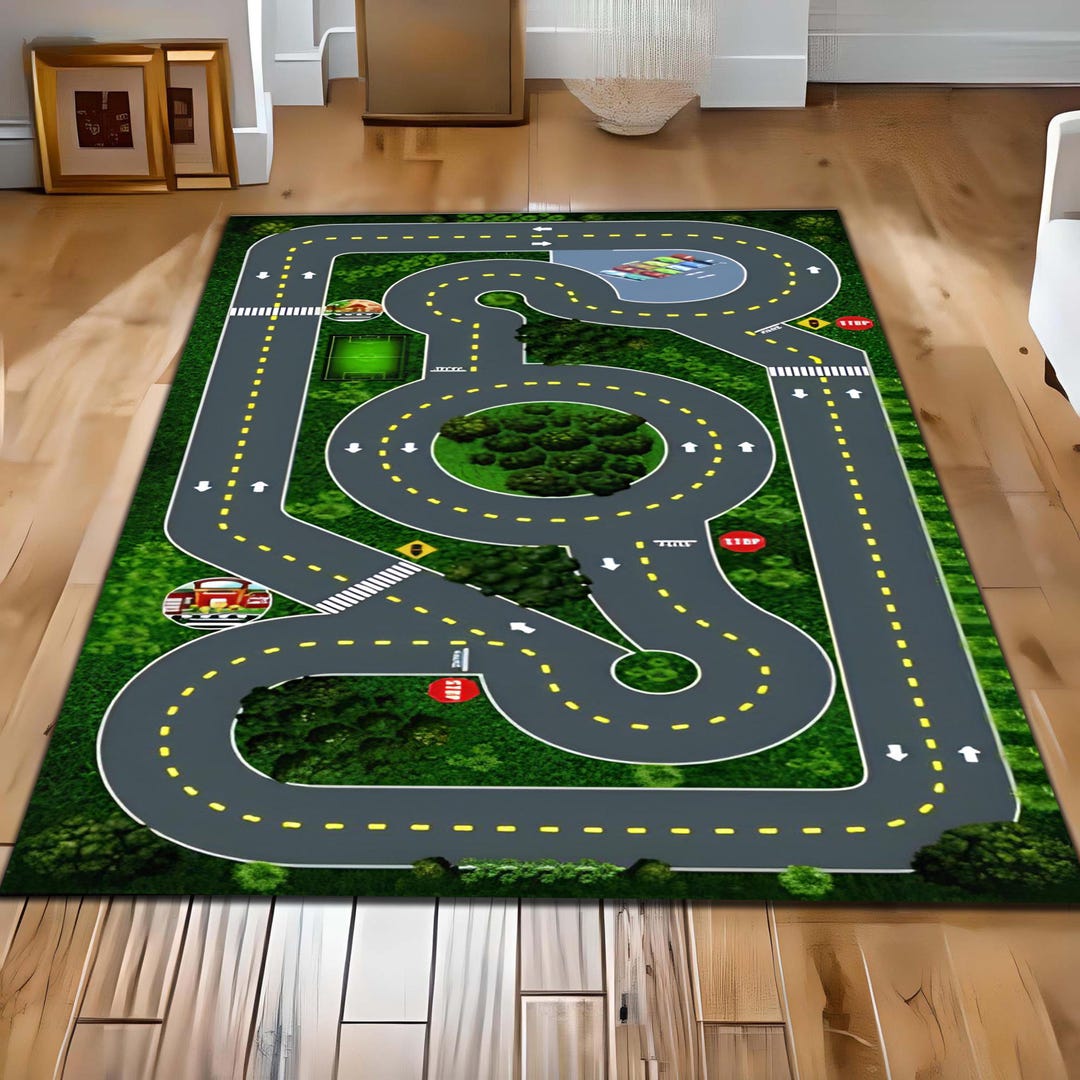 Kids Play Road Rug: Green City Map, Washable Playtime Rug - Etsy