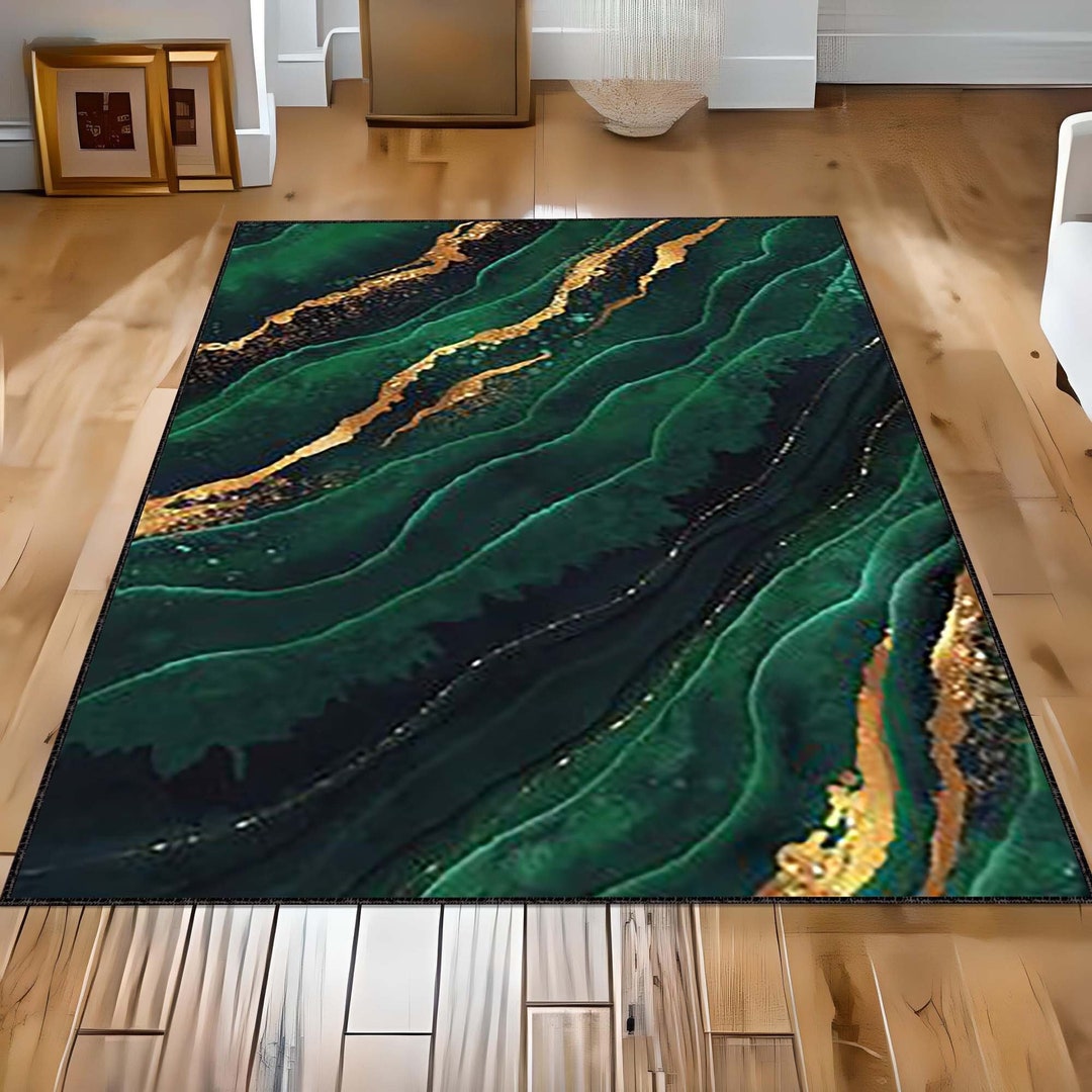 Emerald Marble Rug, Green Marble Decor, Gold Marble Abstract Rug ...