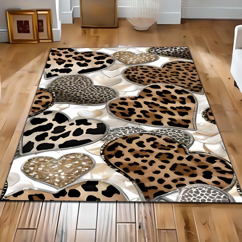 Heart Leopard Print Rug: Animal Pattern Home Decor, Washable Non Slip ...