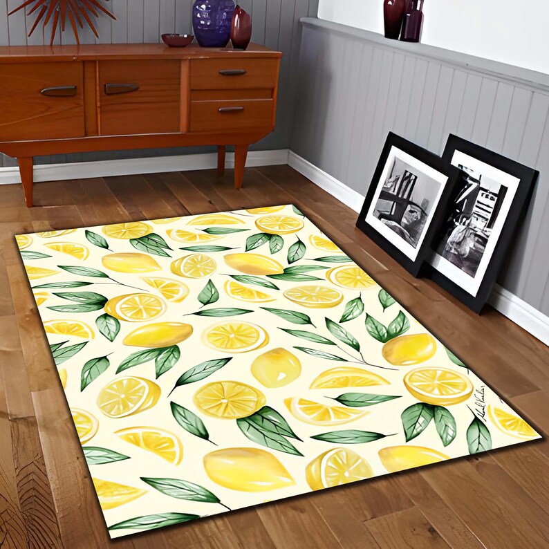 Vibrant Lemon Print Rug, Fresh Fruit Area Carpet for Kitchen, Citrus ...