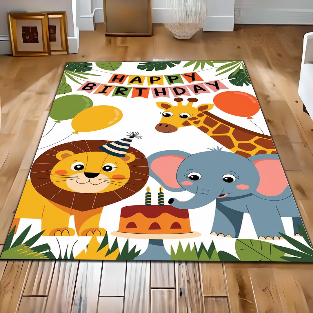 Happy Birthday Kids Party Rug, Kids Room Rug, Cute Animal Safari ...