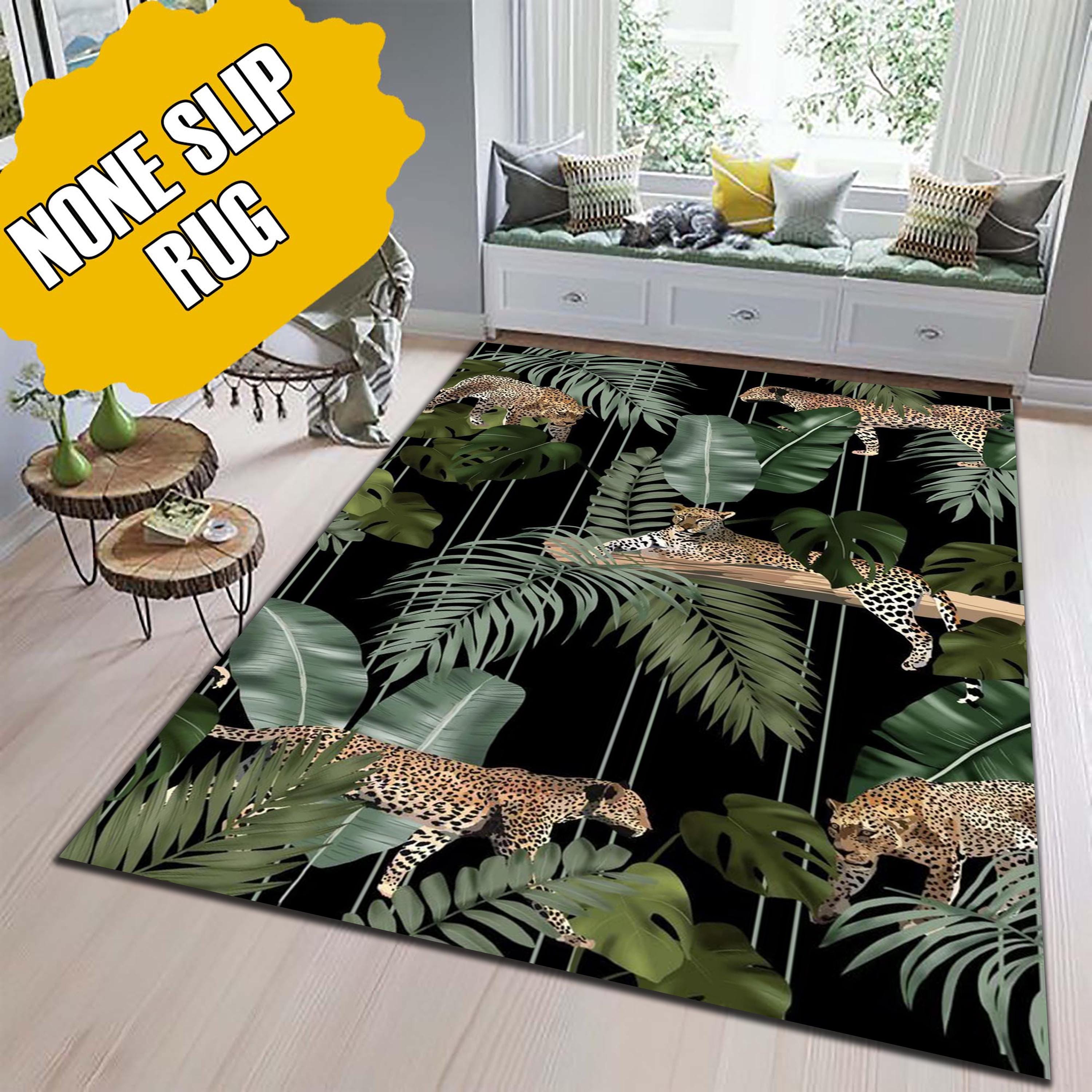 Jungle Leopard Rug: Tropical Leaves Black Area Rug, Jungle Design Rug ...