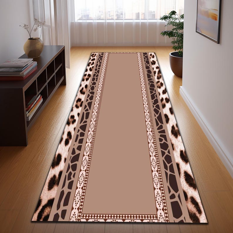 Leopard Border Hallway Rug, Washable Non Slip Long Carpet, Animal Print ...