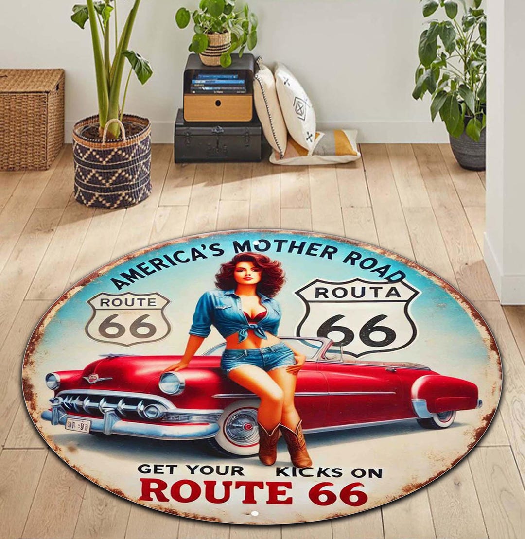 Retro Route 66 Circle Rug: America's Main Street Antique Pattern - Etsy