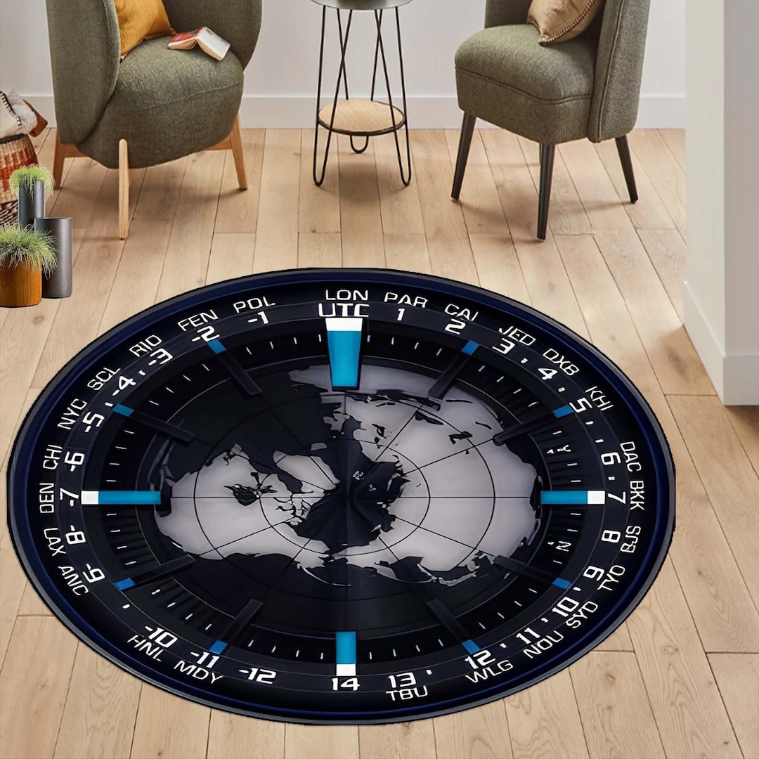 World Time Zone Round Rug, Modern Map Clock Carpet, Unique Global Decor ...