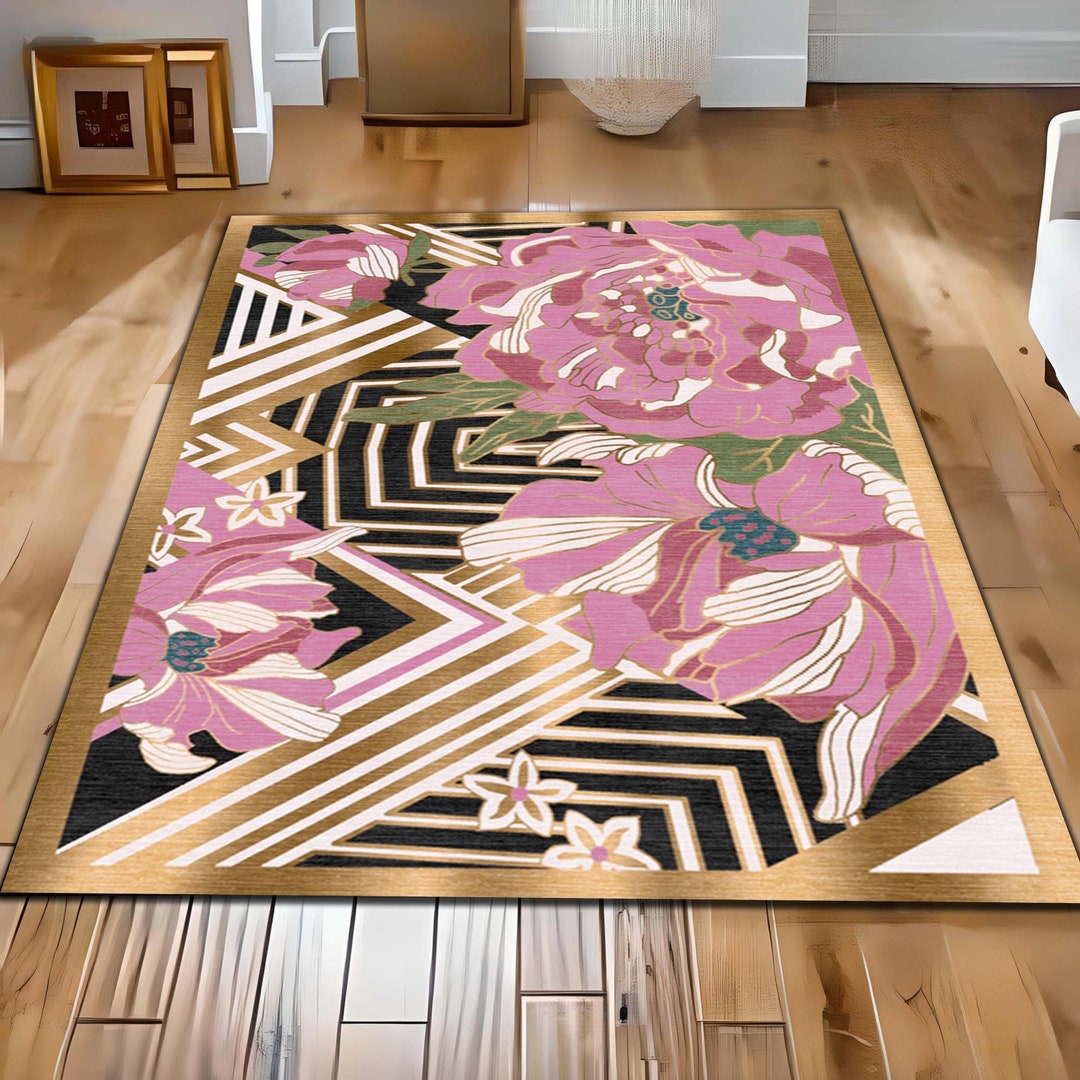 Pink and Gold Design Home Decor Rug: Pink Flower Rug, Salon Area Rug ...