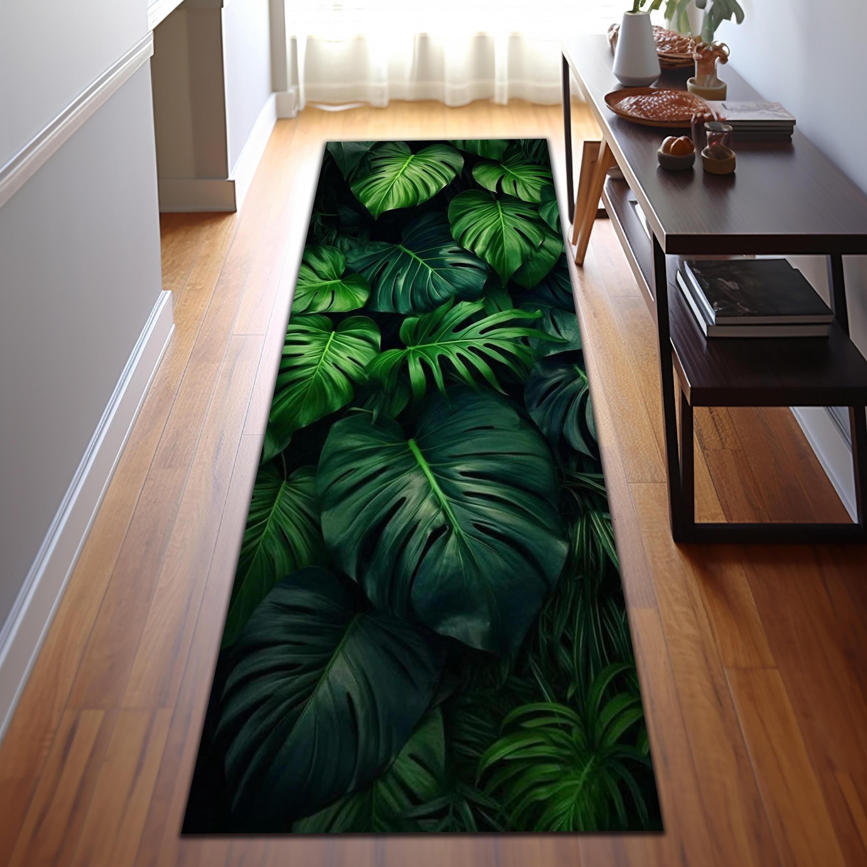 Emerald Green Leaf Rug, Green Leaf Design Rug, Runner Rug, Kitchen ...