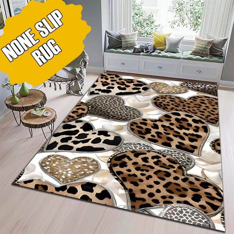 Heart Leopard Print Rug: Animal Pattern Home Decor, Washable Non Slip ...